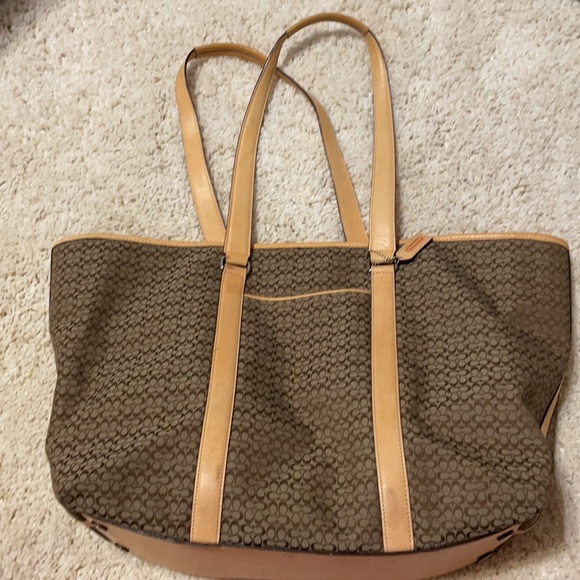Coach | Bags | Coach Canvas Cclogo Brown Tan Leather Large Carryall ...
